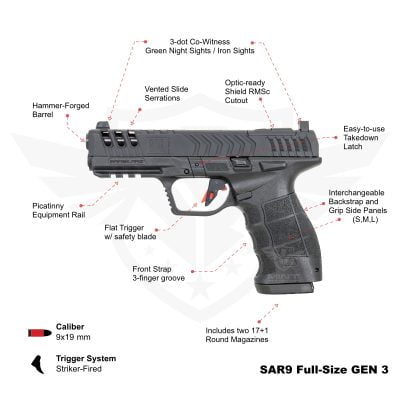 SAR9 GEN 3, Black, Full-Size 9mm Pistol, 17+1 | SAR9G3BL - Mint Armory