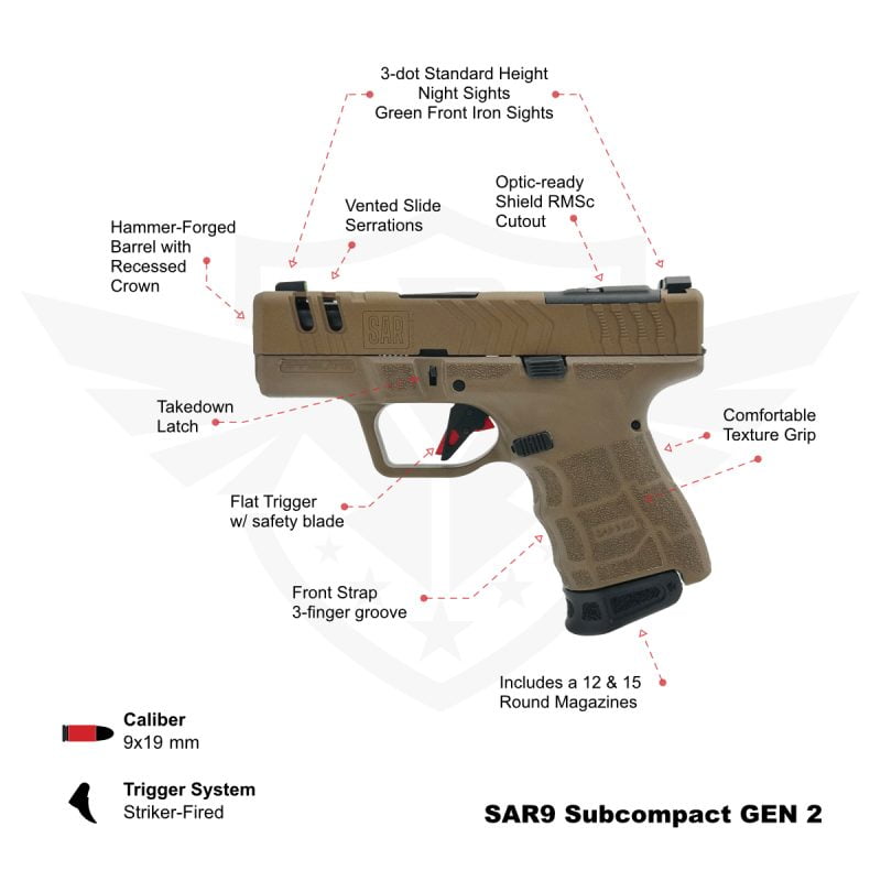SAR9 SC GEN 2 Bronze, Subcompact, 9mm, 12 + 15 Rounds | SAR9SCG2BR ...