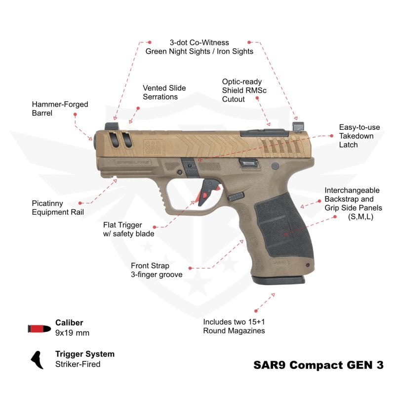 SAR9 C GEN 3 Bronze Compact 9mm pistol from SAR USA